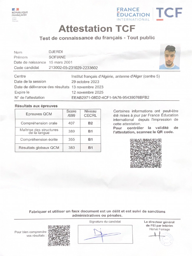 Attestation Orginal TCF | PDF