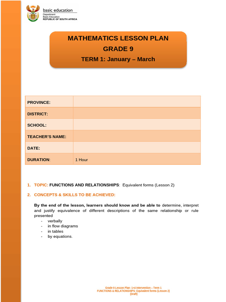 Grade 9 Functions & Relationships Lesson 2 | PDF | Equations | Lesson Plan
