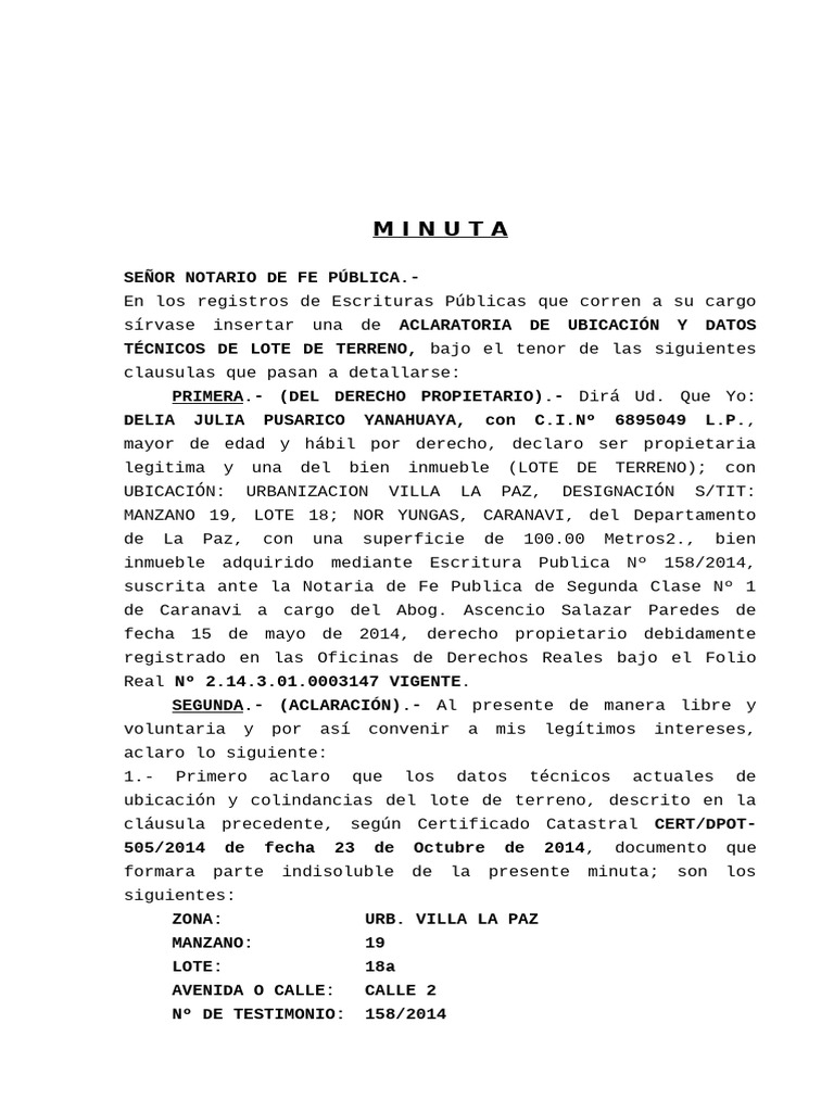 MINUTA ACLARACION - Bolivia | PDF | Derecho Civil (Common Law)