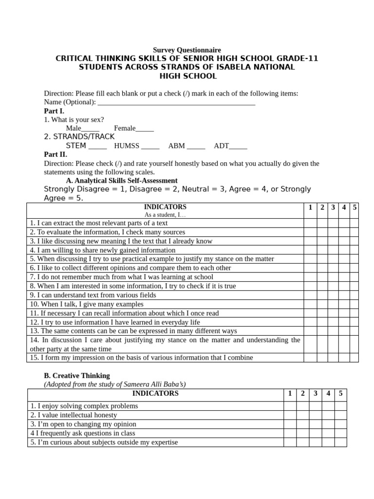 Survey Questionnaire Group 3 pr2 | PDF | Critical Thinking | Thought