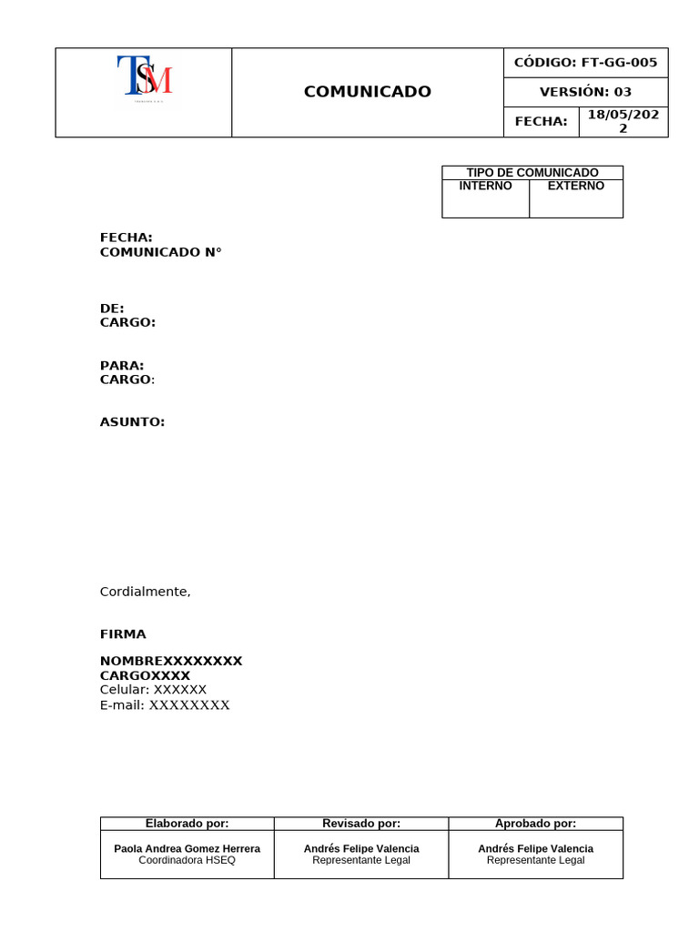 FT-GG-005 V°3 Formato de Comunicados Internos y Externos | PDF