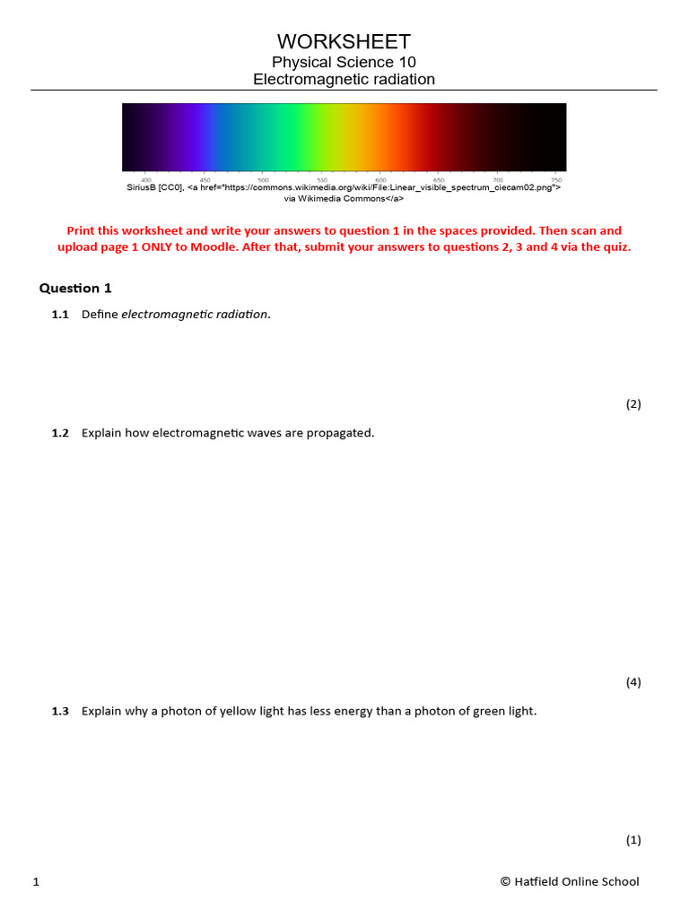 Worksheet - Electromagnetic Radiation | PDF | Electromagnetic Radiation ...