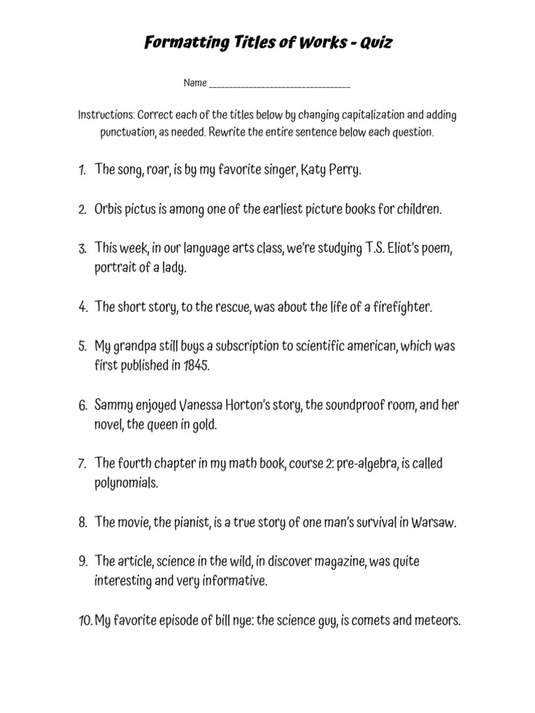 Formatting Titles of Works - Quiz | PDF