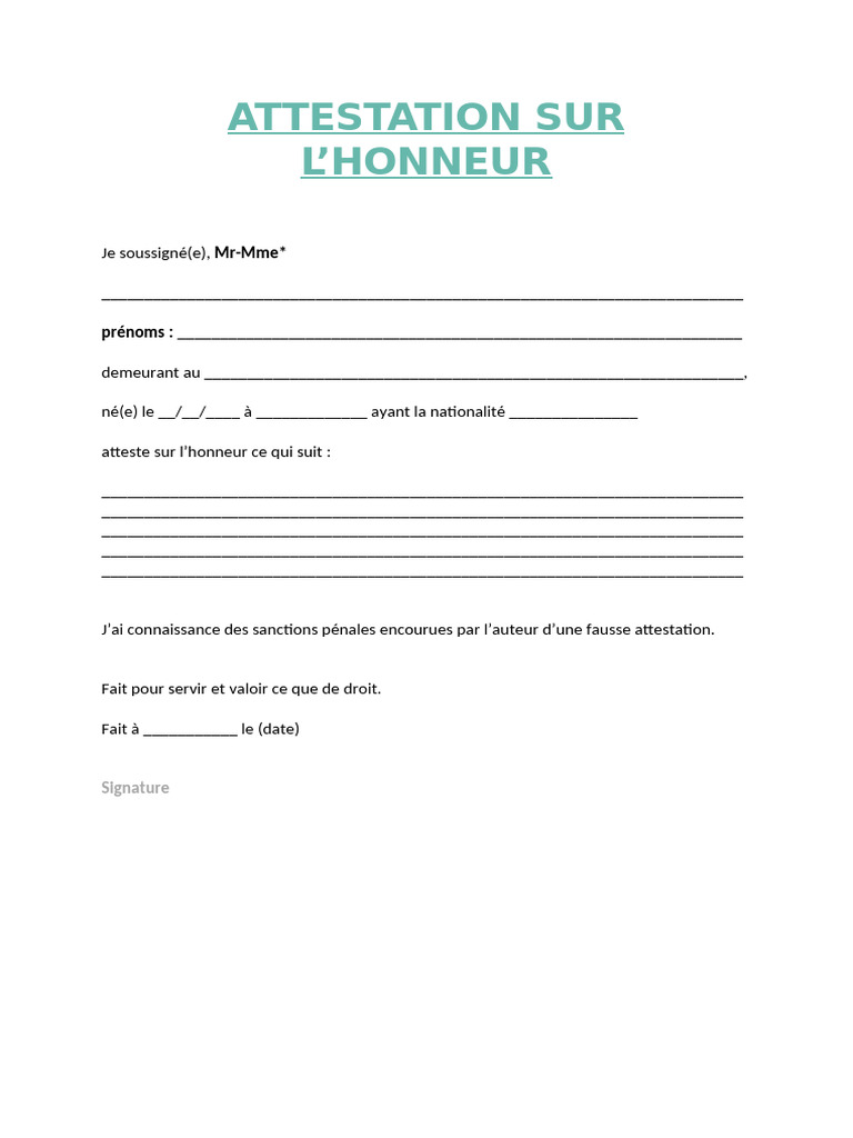 Modèle d'attestation sur l'honneur | PDF