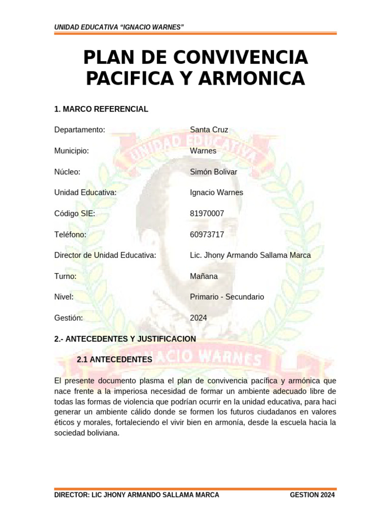 Plan de Convivencia Pacifica y Armonica 2024 Ignacio Warnes | PDF | Mediación | Maestros