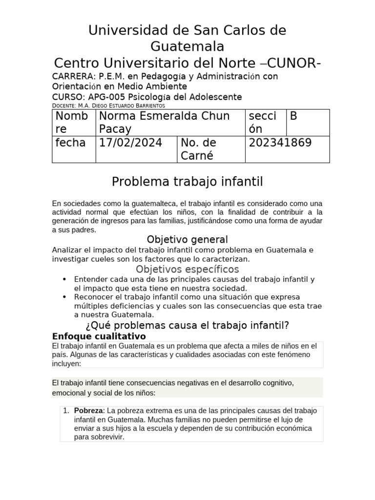 Guía Problema de Inv1 | PDF | Trabajo infantil