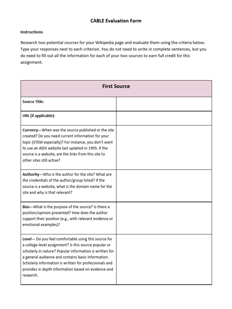 4 xx+CABLE+Source+Evaluation+Form (Recovered) | PDF | Information | Cognition