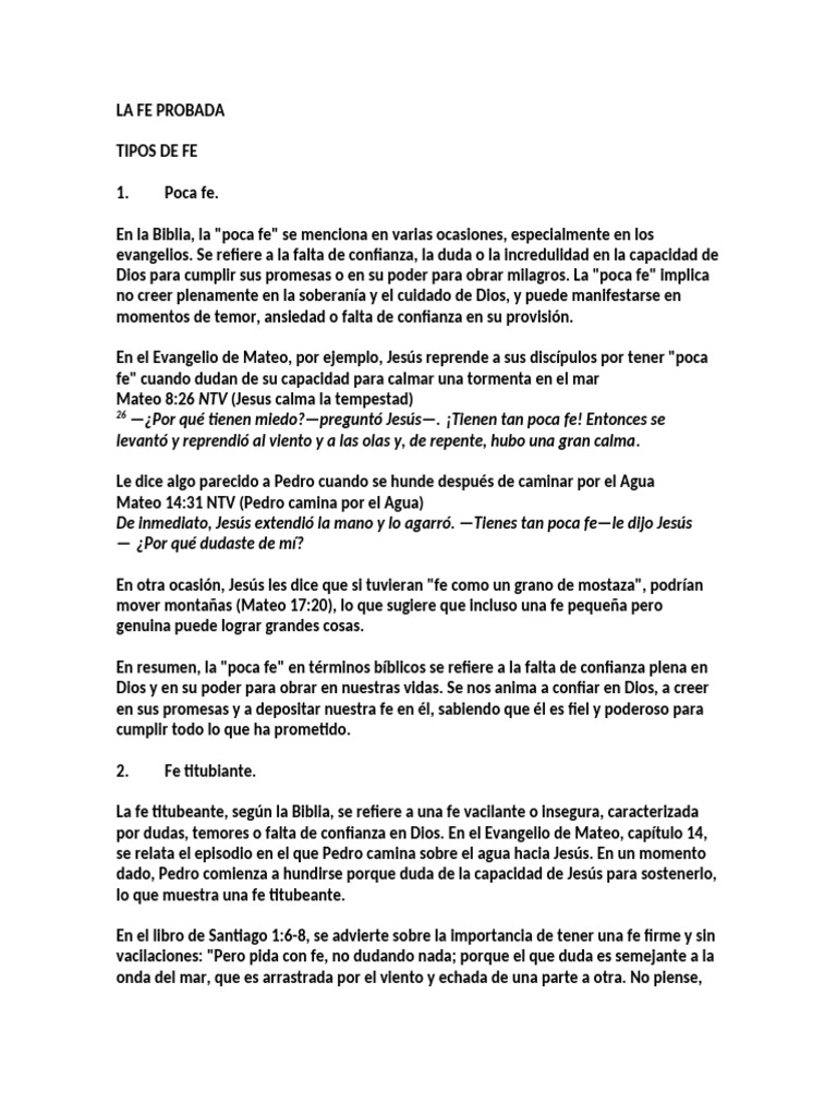 Tipos de Fe en la Biblia: Poca, Titubiante y Gran Fe | PDF | Jesús ...