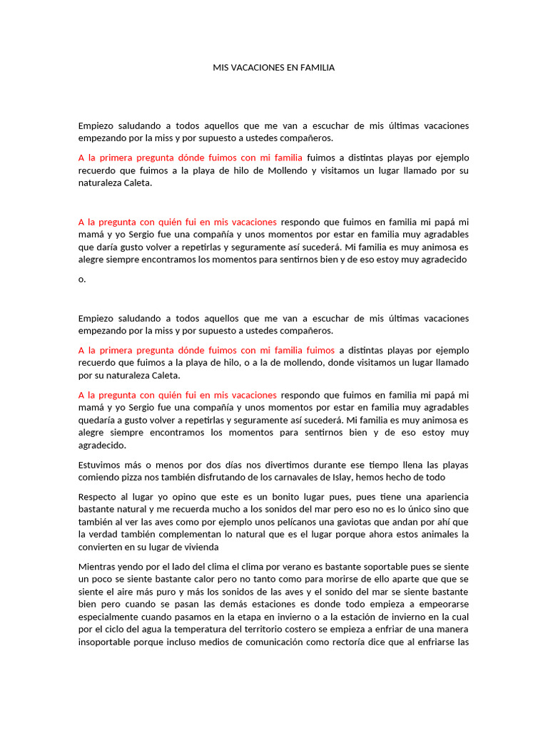 MIS VACACIONES EN FAMILIA | PDF
