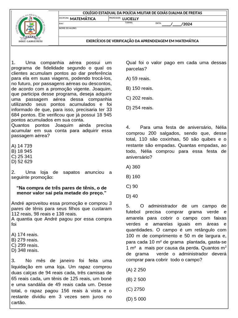 Atividade 9º Ano - d19 | PDF