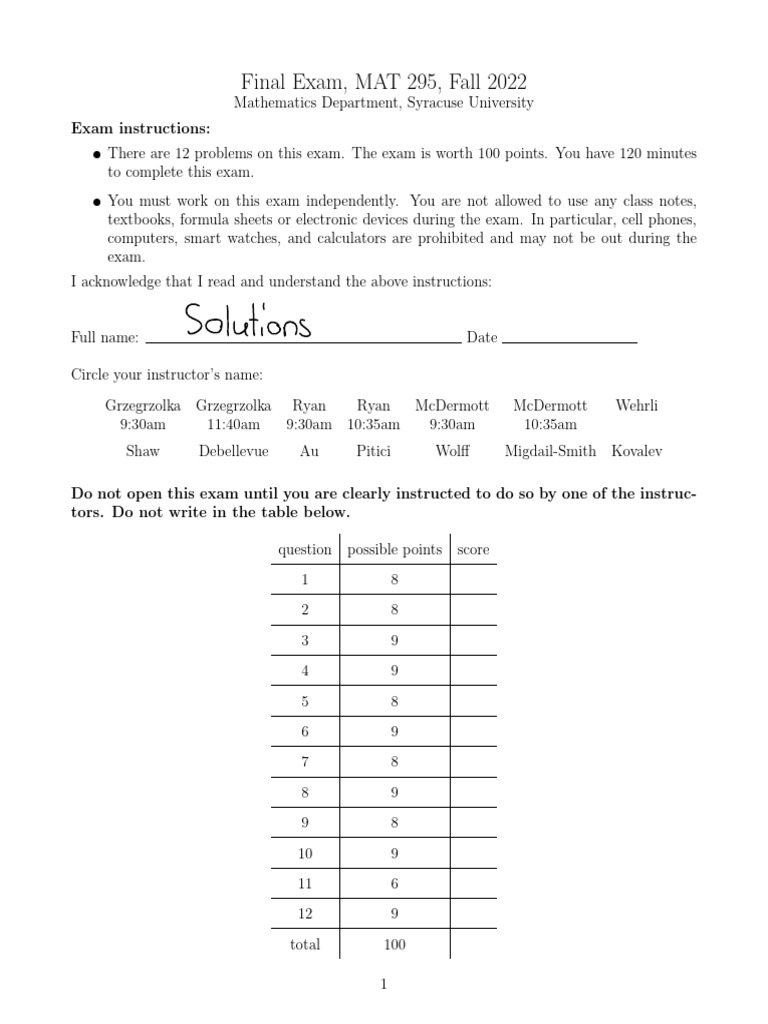 MAT295 2022Fall Solutions | PDF | Derivative | Calculus
