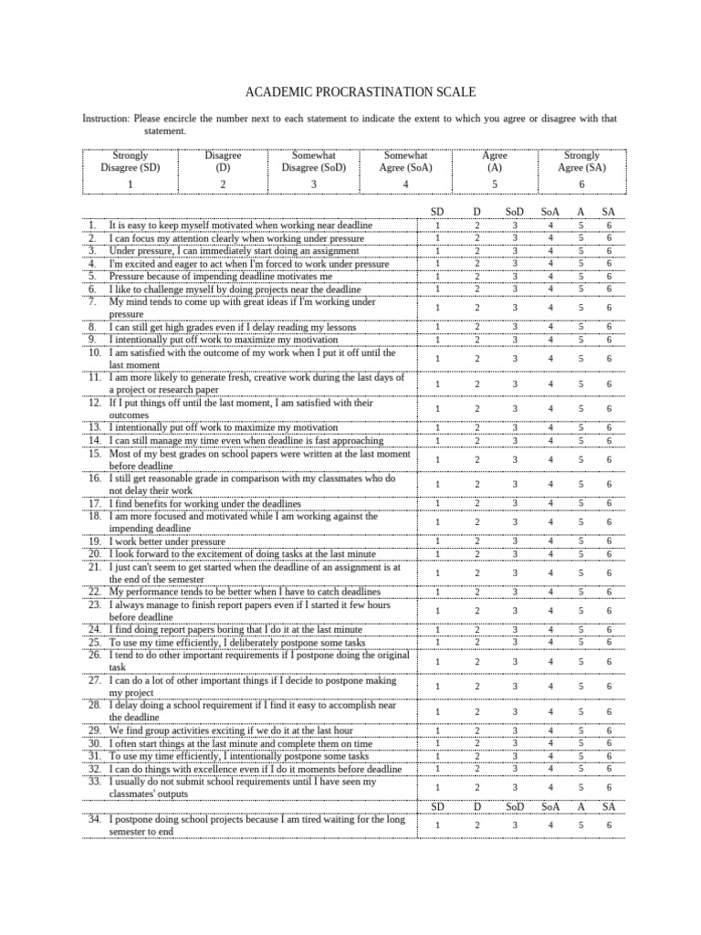 Academic Procrastination Scale | PDF | Procrastination | Professional ...
