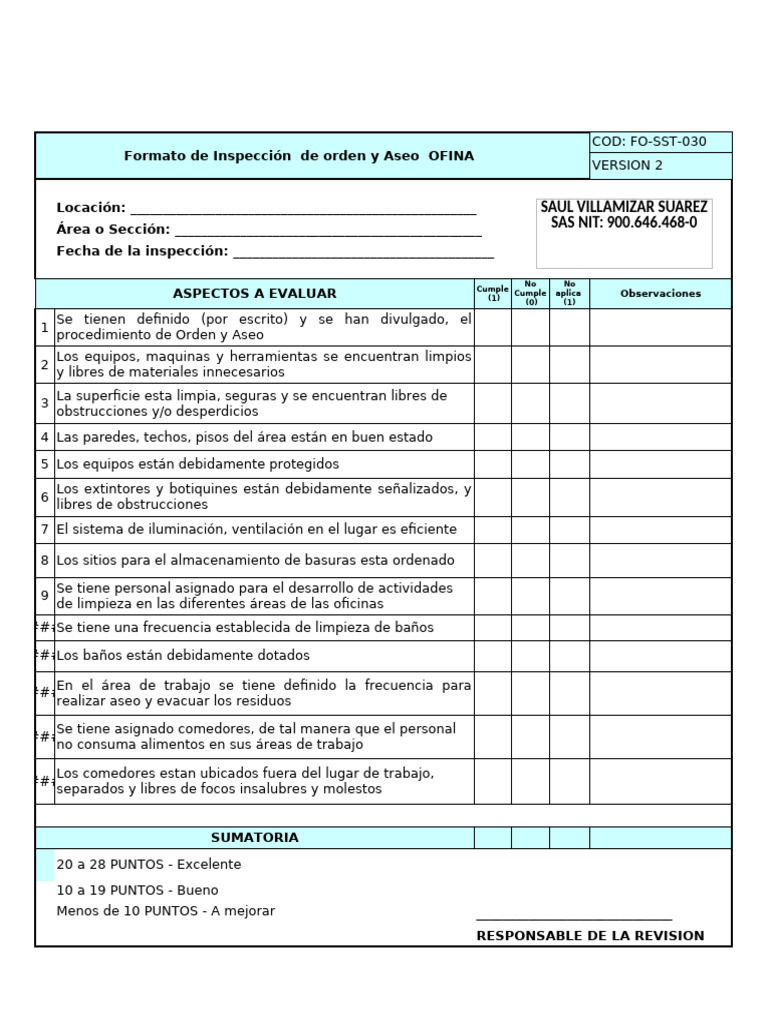 Formato Insp. de Orden y Aseo | PDF | Residuos | Higiene