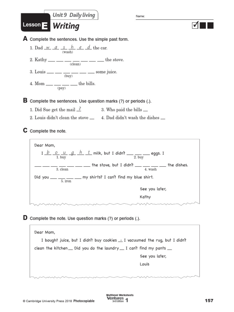 VENTURES3ED MultilevelWorksheets Level1 Unit9 LessonE | PDF ...