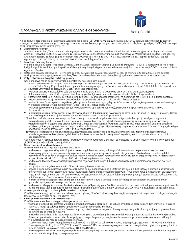 PKO - Informacja o Przetwarzaniu Danych Osobowych-Ocr | PDF