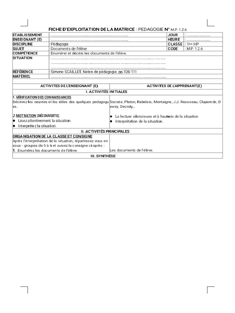 FICHE D'EXPLOITATION DE MATRICE - DOCUMENTS DE L'ELEVE - 02-11-2024 P2 - Phoenix | PDF