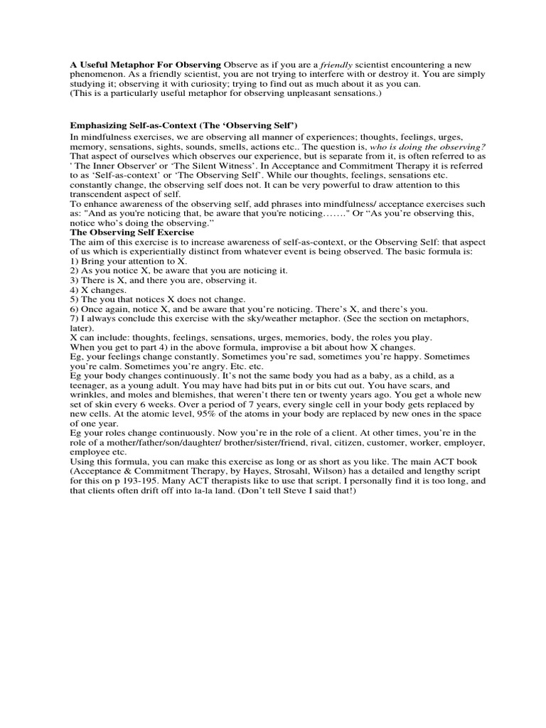 ACT ObservingSelfExercise | PDF | Mindfulness | Thought