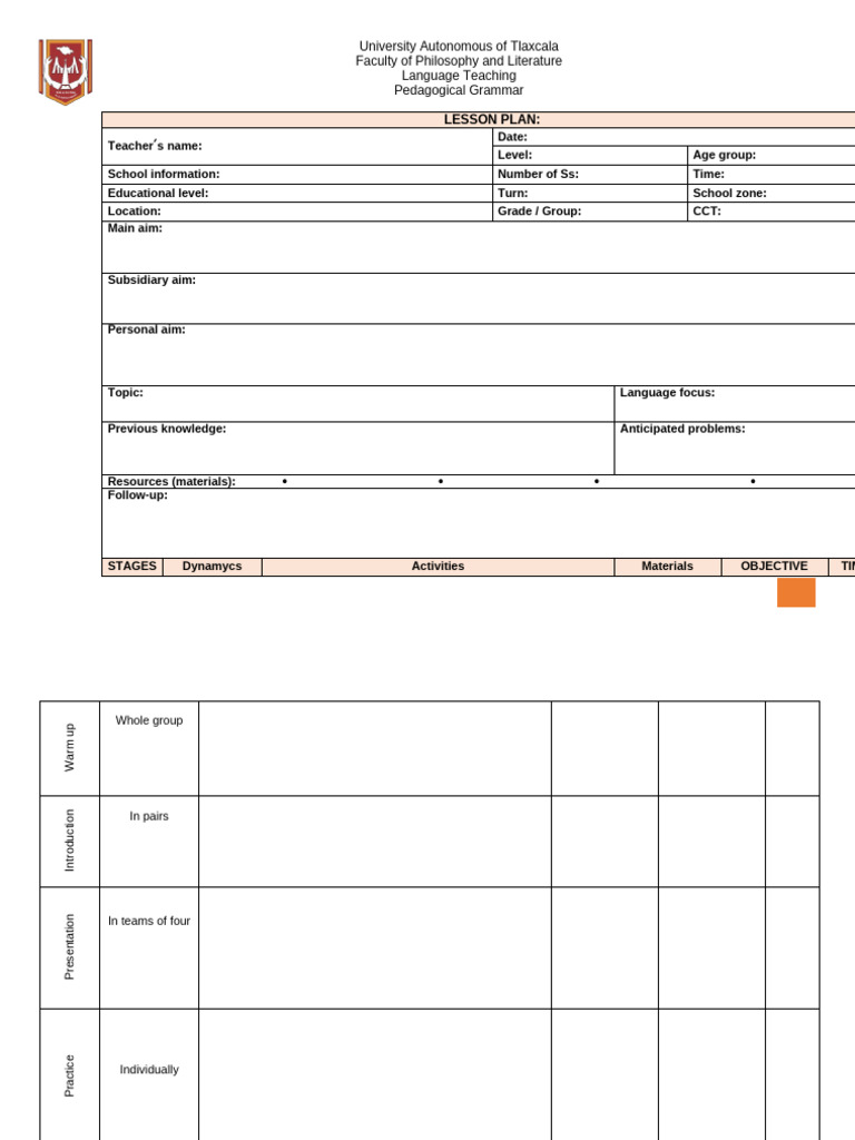 Pedagogical Grammar Lesson Plan Template Pdf