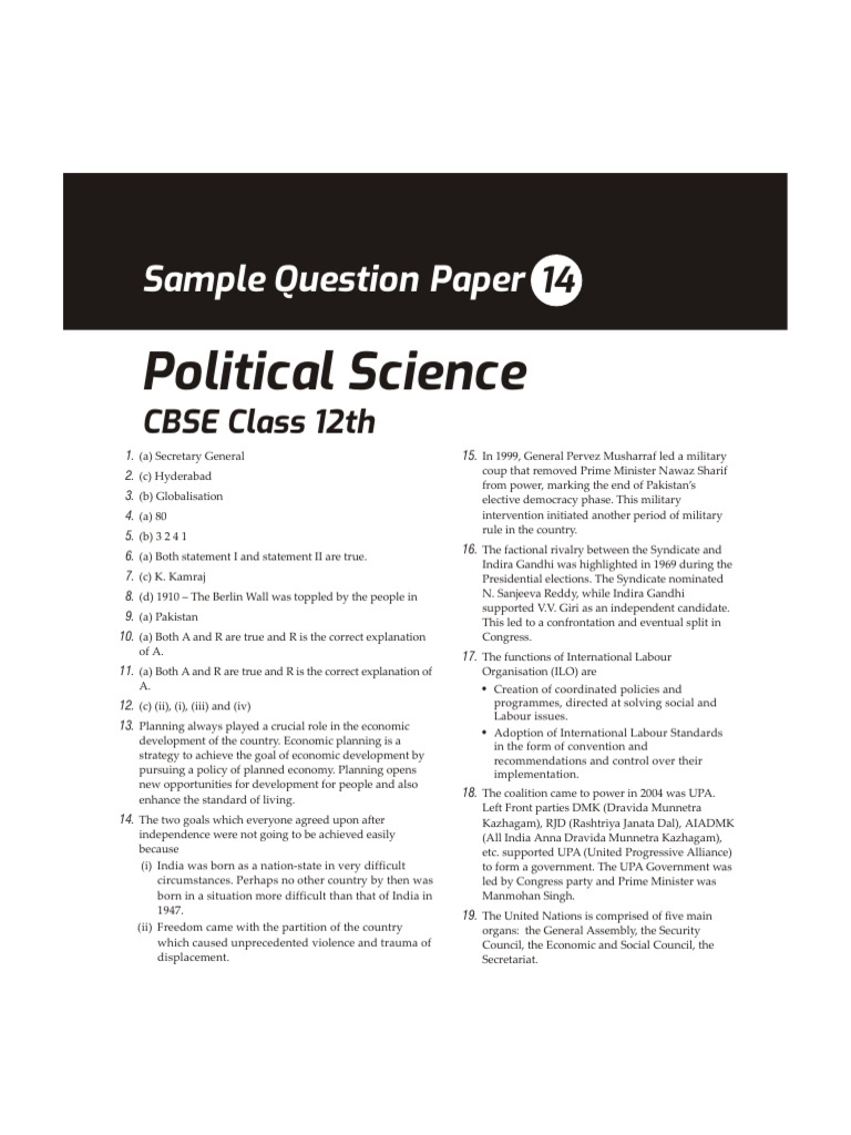 Political Science 12th Sample Paper 14 | PDF | Indian National Congress | Jawaharlal Nehru