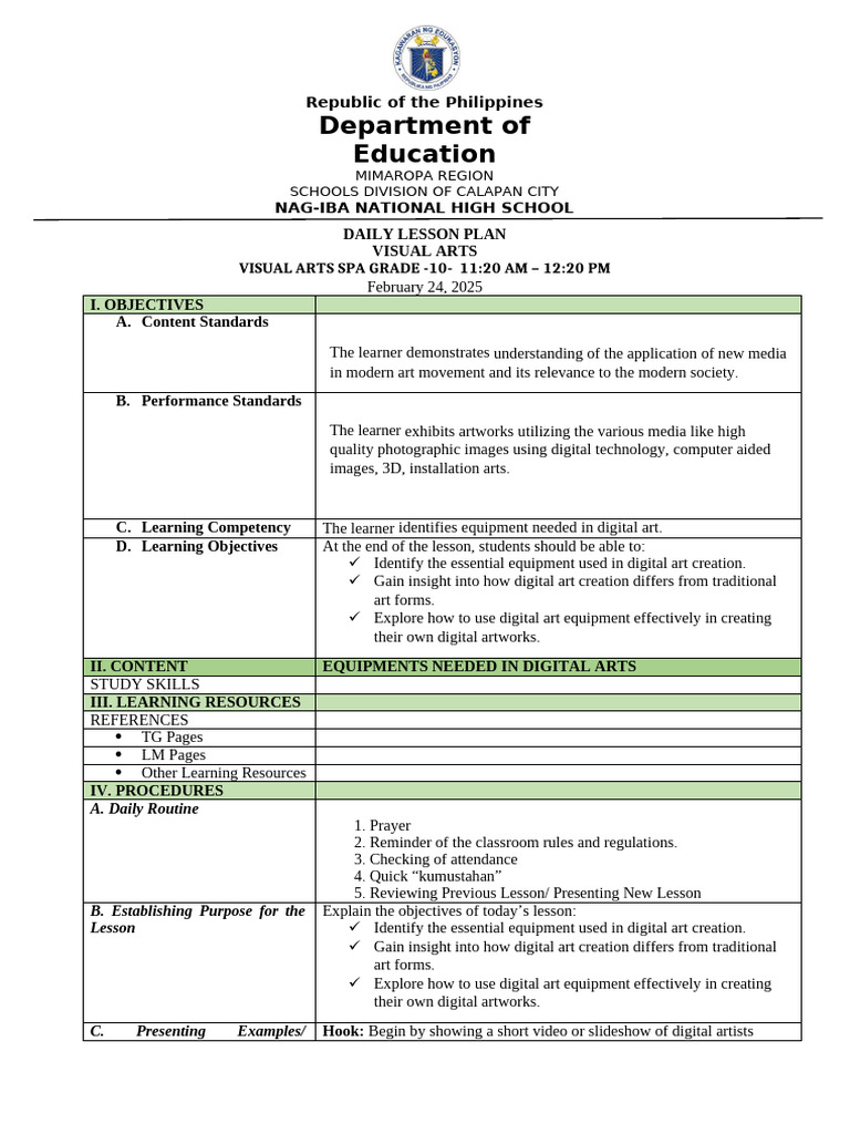DLP Visual Arts 9 - Feb 24 | PDF | Learning | Human Communication