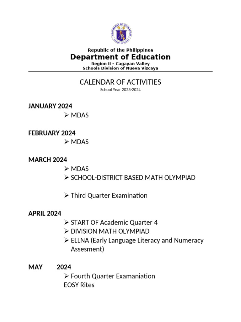 Calendar of Activities Math | PDF