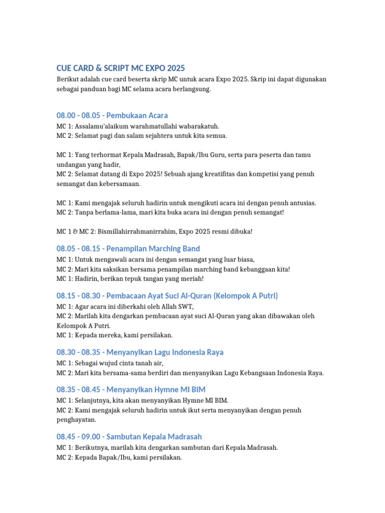 Cue Card Script MC Expo 2025 Detail | PDF