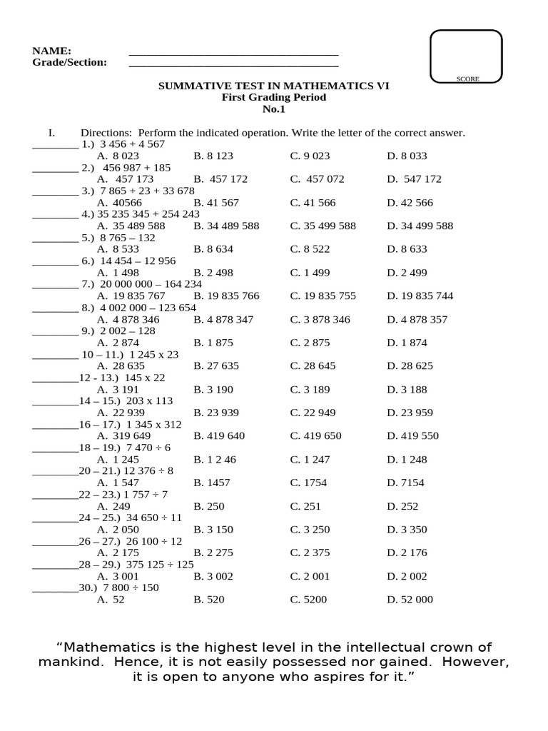 Math VI Summative Test - First Grading | PDF | Mathematics