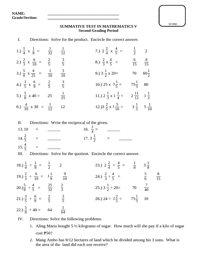 Summative Test in Math V1 I - 3 | PDF