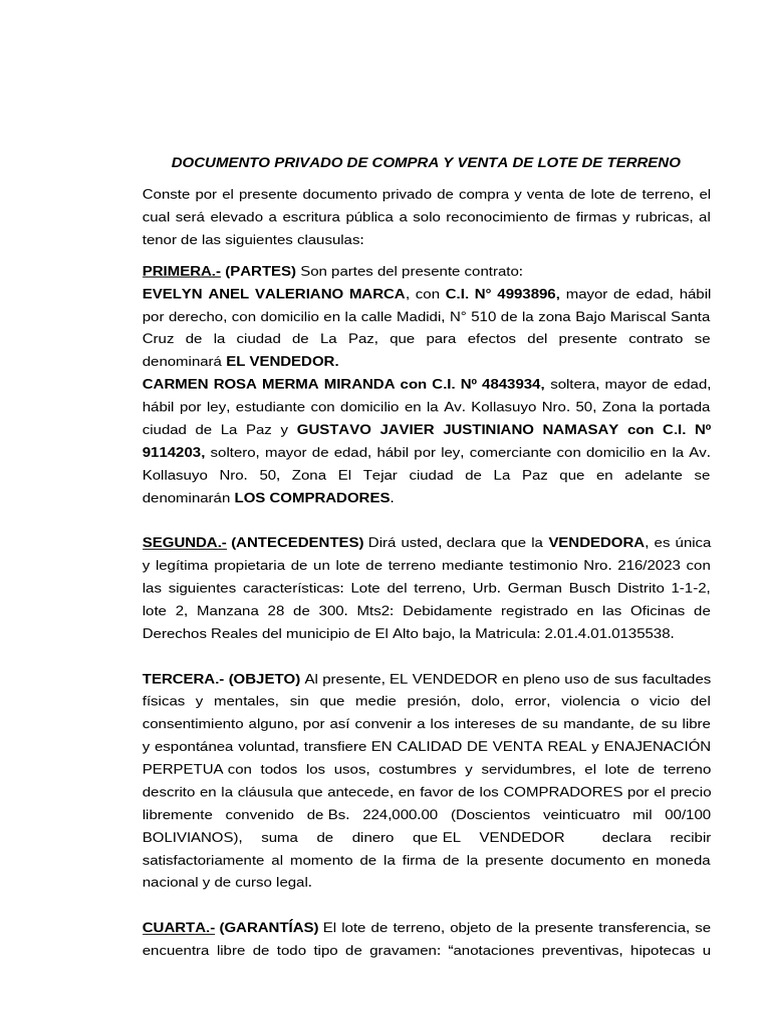 Documento Privado de Compra y Venta de Terreno Evelyn | PDF