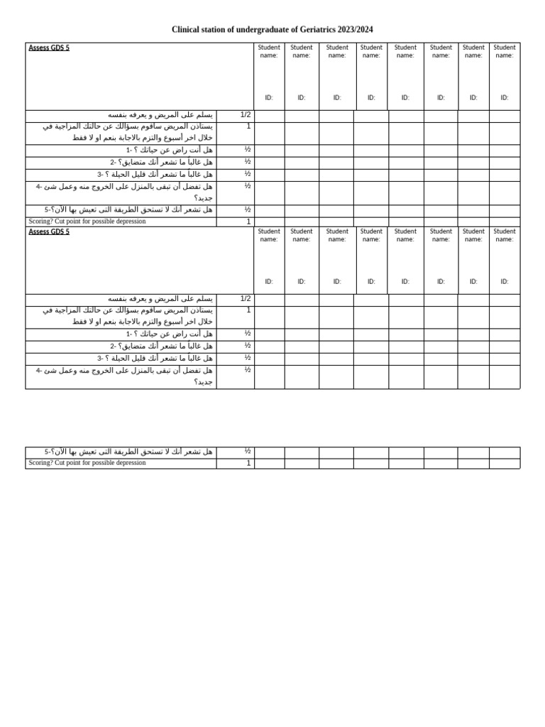 Clinical Station of Undergraduate of Geriatrics 2023/2024: Assess GDS 5 | PDF