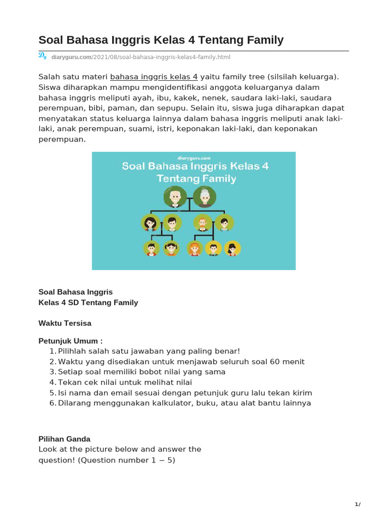 Soal Bahasa Inggris Kelas 4: Family | PDF | Interpersonal Relationships ...