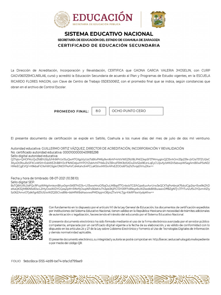 Certificado de Secundaria | PDF