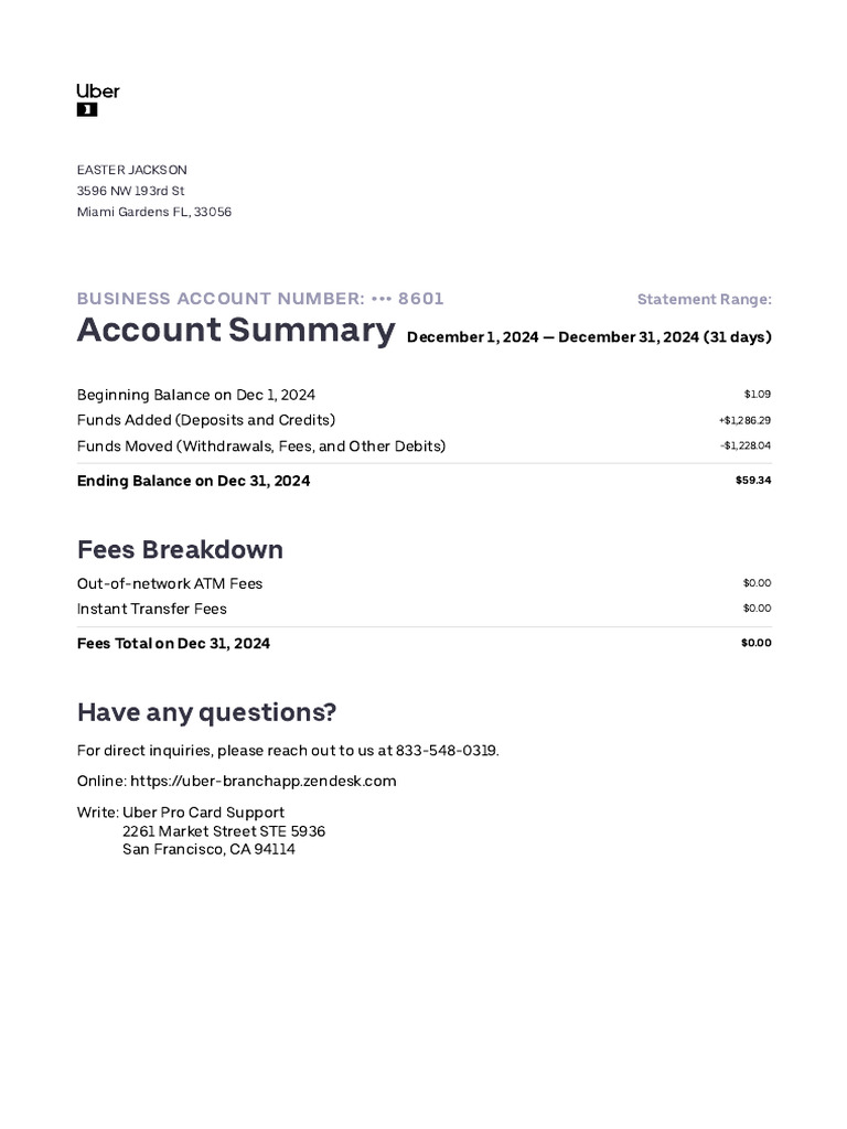 Uber Pro Card Statement - Dec 2024 | PDF | Credit Card | Debits And Credits