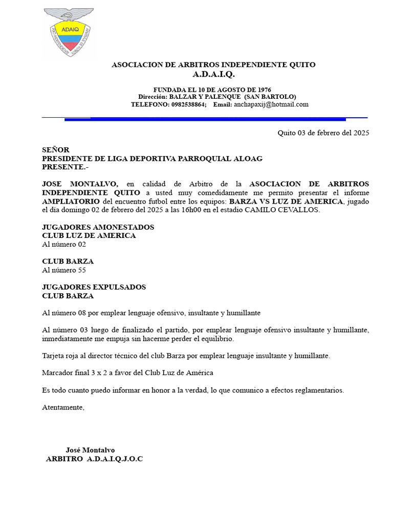 Informe Jose Montalvo Aloag Barza Vs Luz de America | PDF