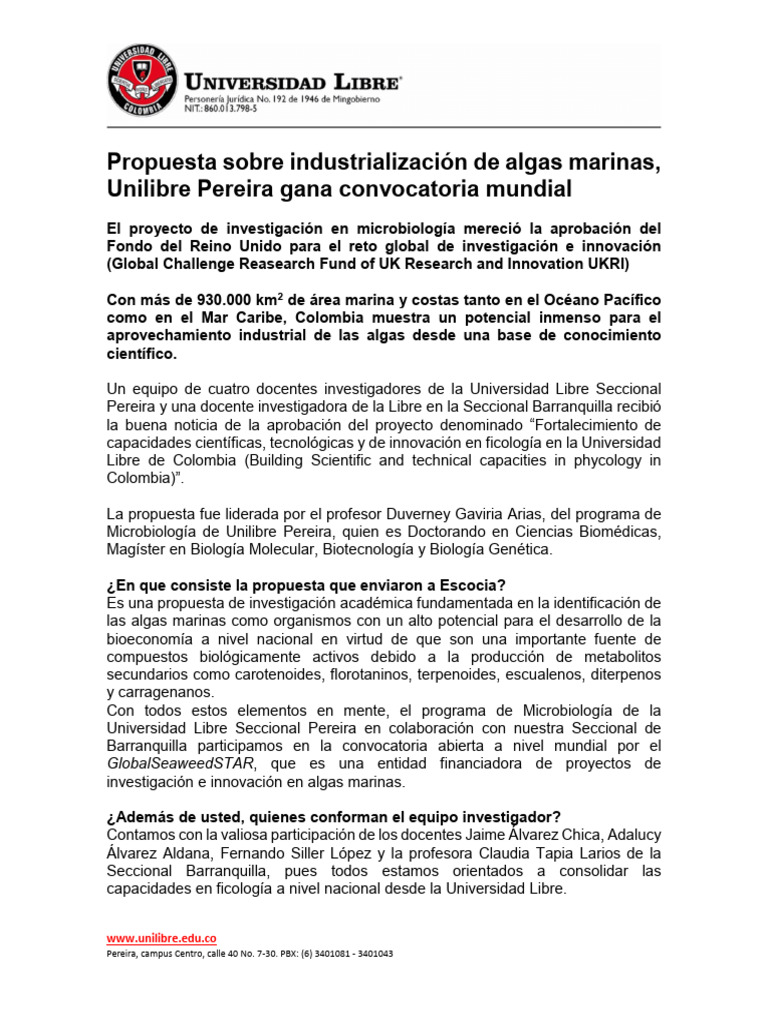 Proyecto Algas Marinas | PDF | Algas | Colombia