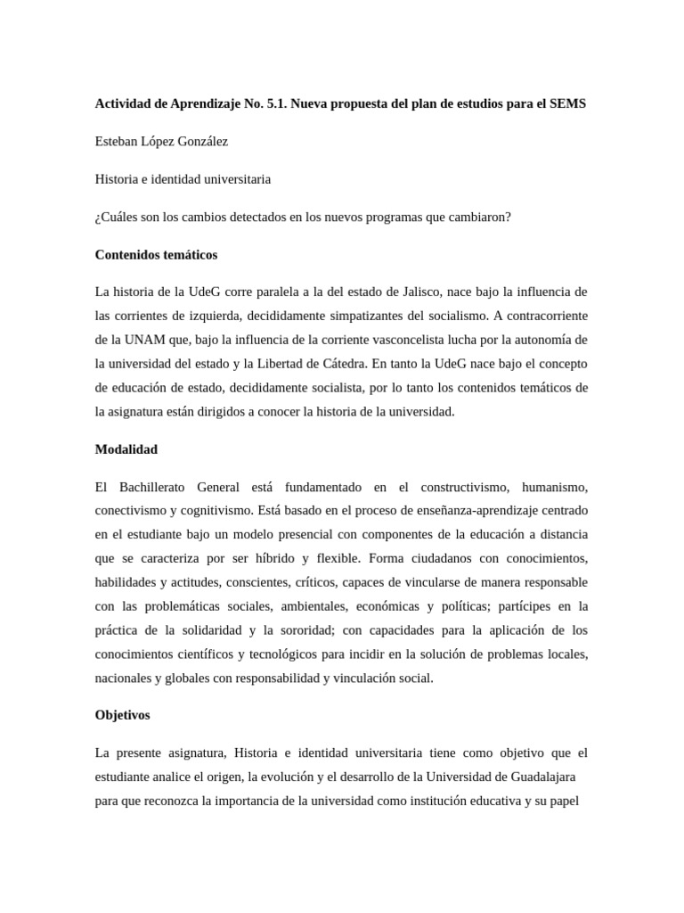 Actividad de Aprendizaje No. 5.1. Nueva Propuesta Del Plan de Estudios para El SEMS | PDF | Plan ...