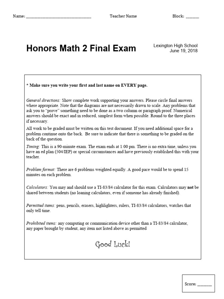 Honors Math 2 Final Exam Guide | PDF | Area | Circle