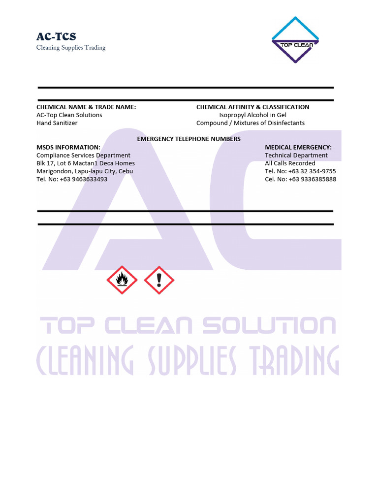 AC-TOP Clean Hand Sanitizer MSDS | PDF | Dangerous Goods | Toxicity