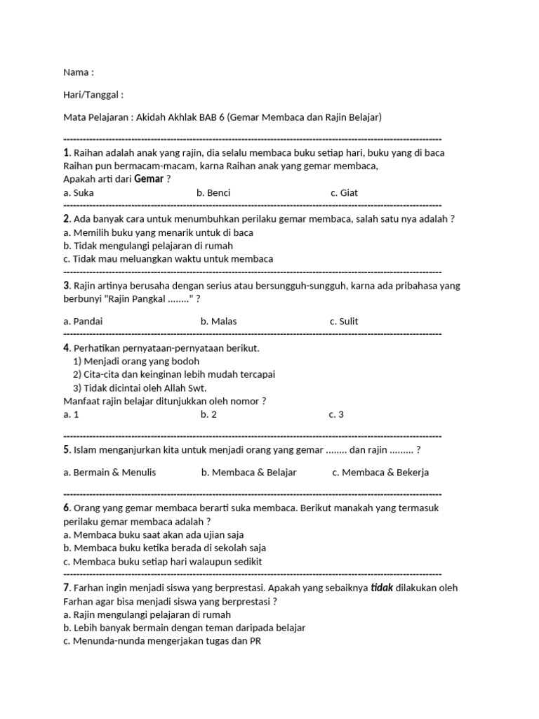 Latiahn Soal Akidah Akhlak BAB 6 (Gemar Membaca Dan Rajin Belajar) | PDF