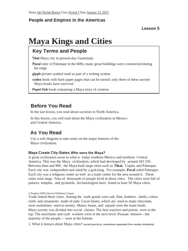Maya Kings and Cities WS | PDF | Maya Civilization | Mesoamerica