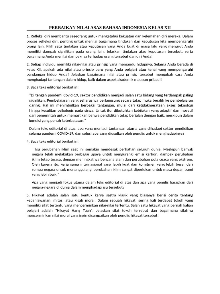 Perbaikan Nilai Asas Bahasa Indonesia Kelas Xii | PDF