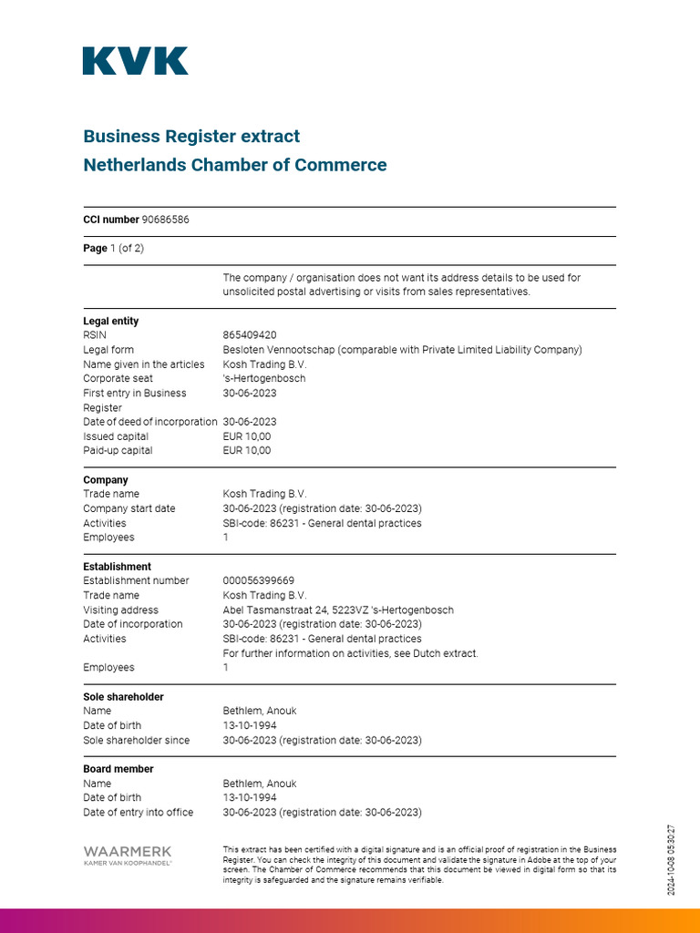 Kosh Trading BV Registration | PDF | Business | Business Law