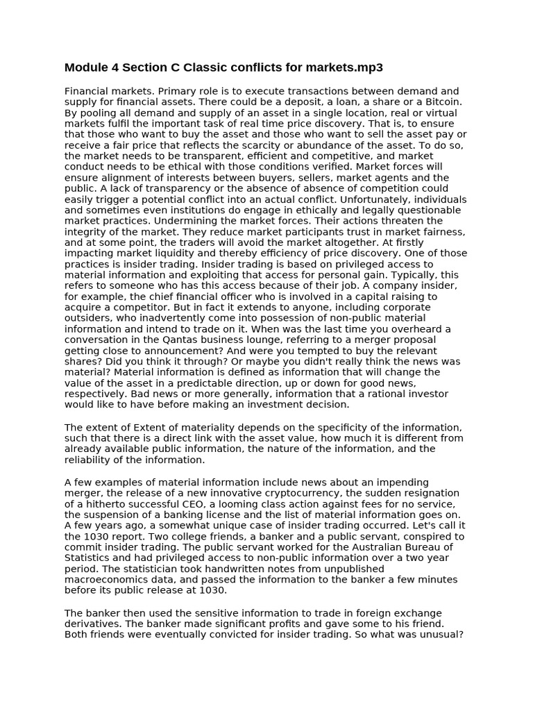 Module 4 Section C Classic Conflicts For Markets - mp3 | PDF | Market (Economics) | Insider Trading