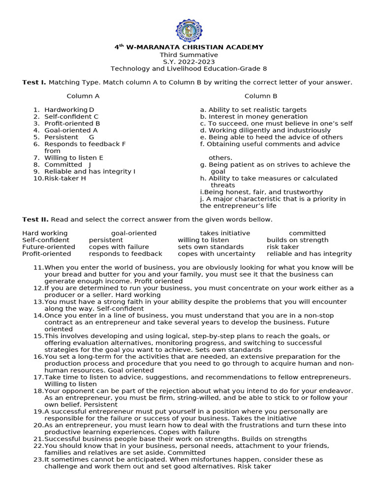 3rd Summative TLE 8 Ans | PDF | Entrepreneurship | Social Psychology