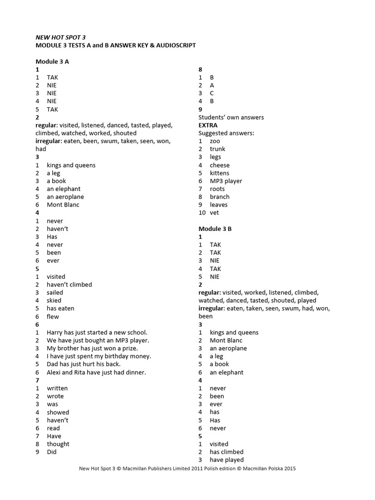Module 3 Tests A and B Answer Key and Audioscript | PDF