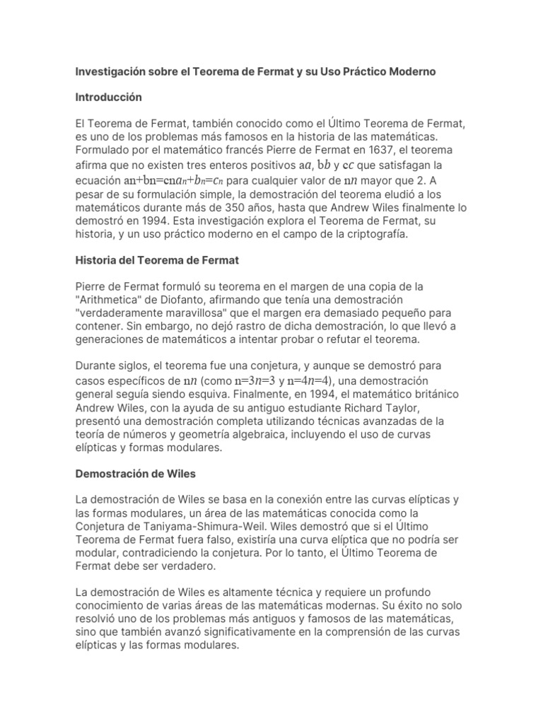 Teorema de Fermat y Su Uso Práctico Moderno | PDF | El último teorema ...