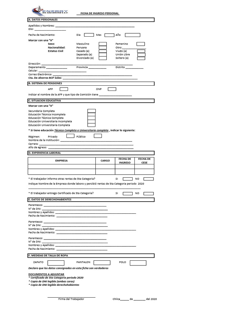 Ficha de Ingreso Personal 2020 | PDF