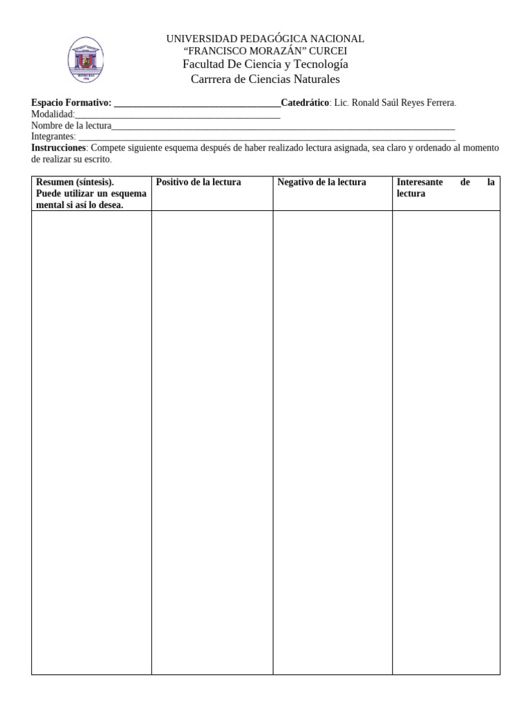 Esquema PNI para Lectura Asignada | PDF
