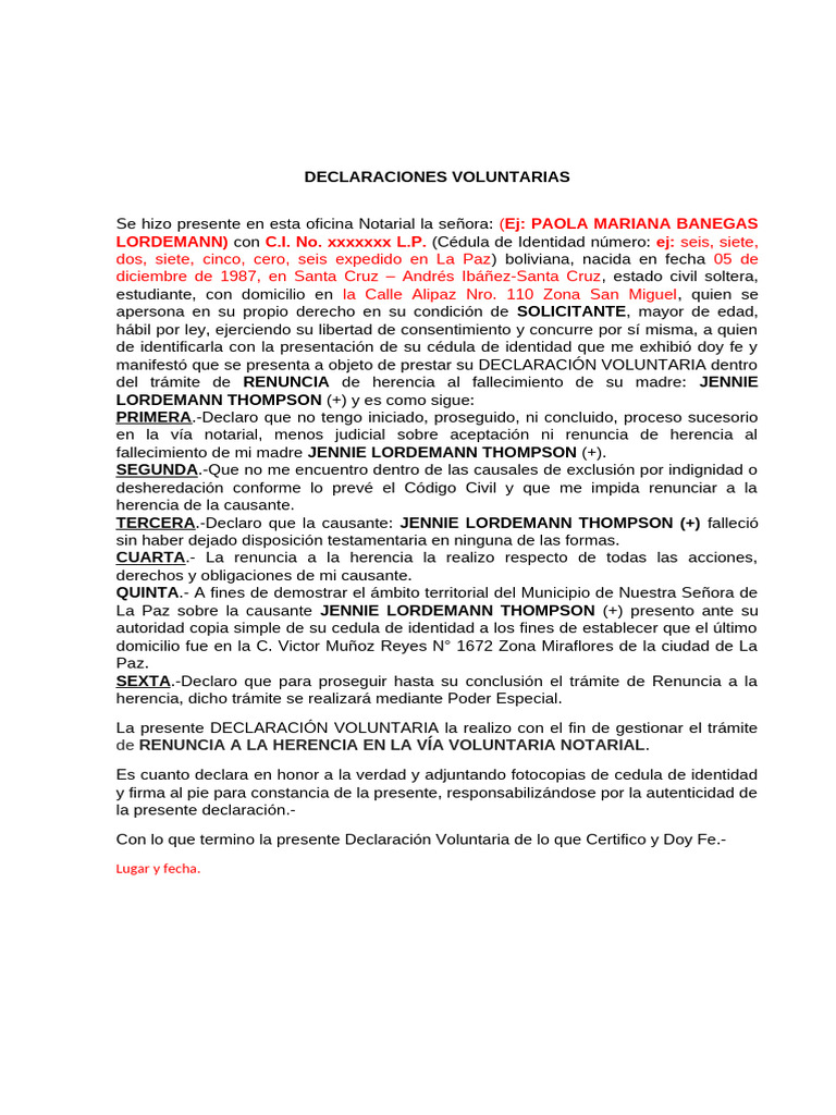 Declaraciones Voluntarias Con Poder Exterior Pao Banegas | PDF | Herencia