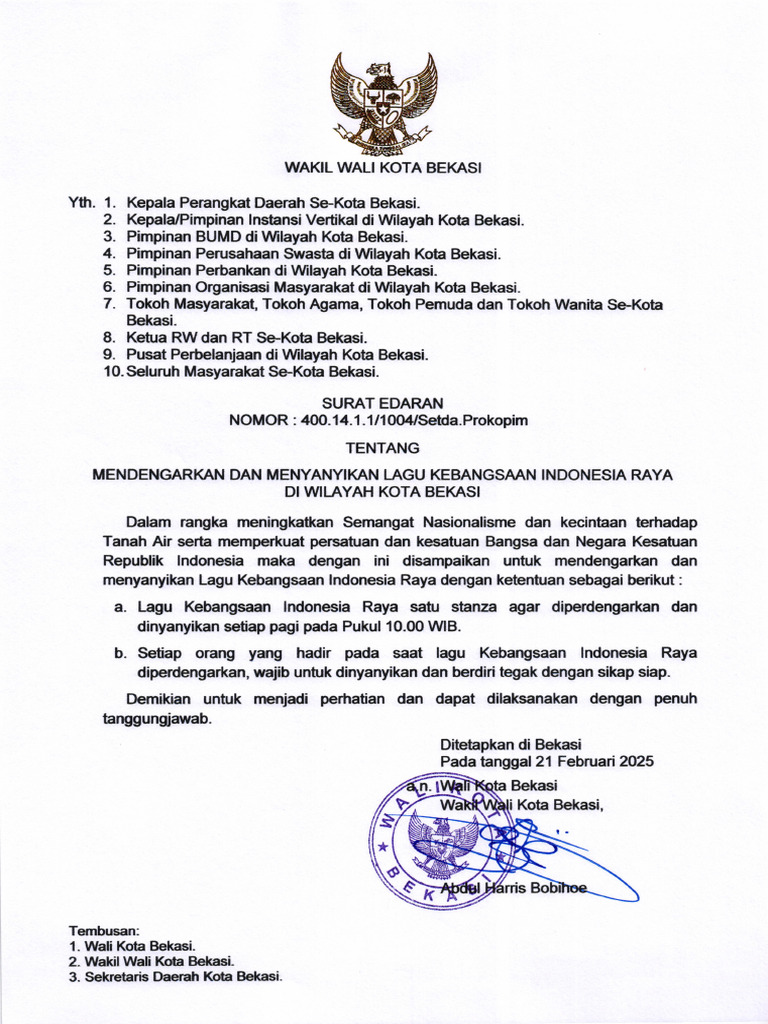SURAT EDARAN MENDENGERKAN DAN MENYANYIKAN LAGU KEBANGSAAN INDONESIA RAYA DI WILAYAH KOTA BEKASI ...